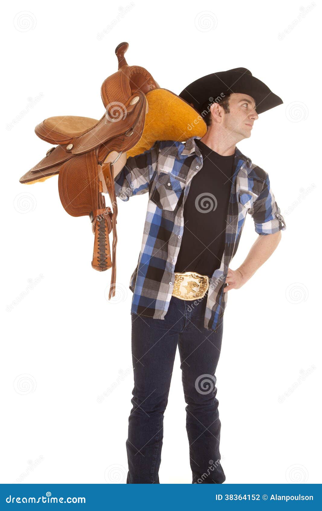 Cowboy Holding Saddle on Shoulder Look Side Stock Photo - Image of ...