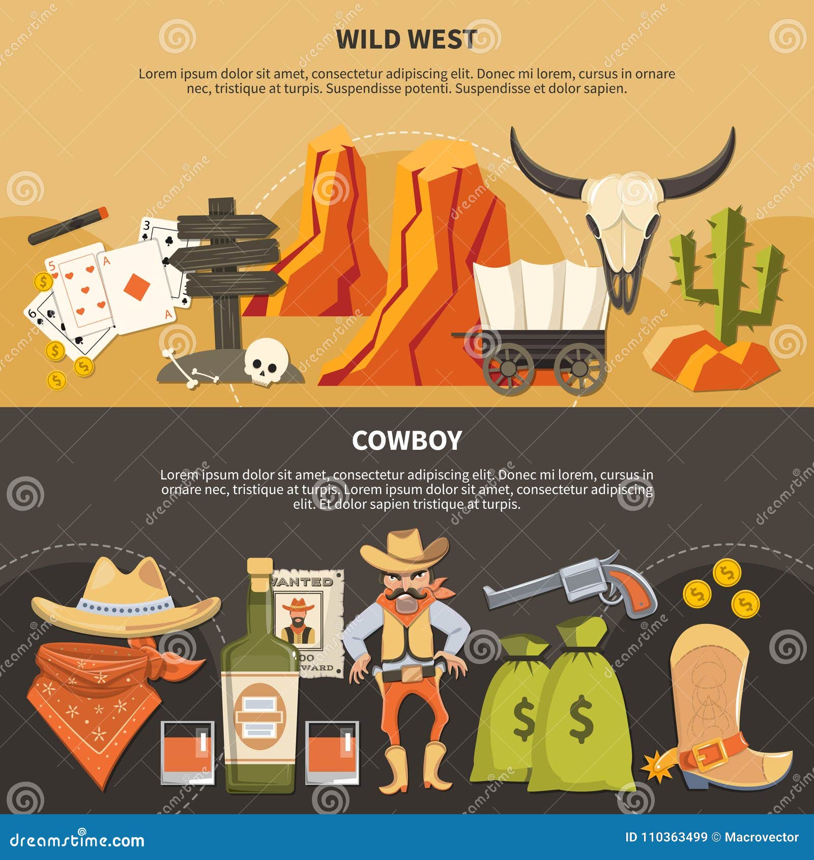 Cowboy Horizontal Banners stock vector. Illustration of pistol - 110363499