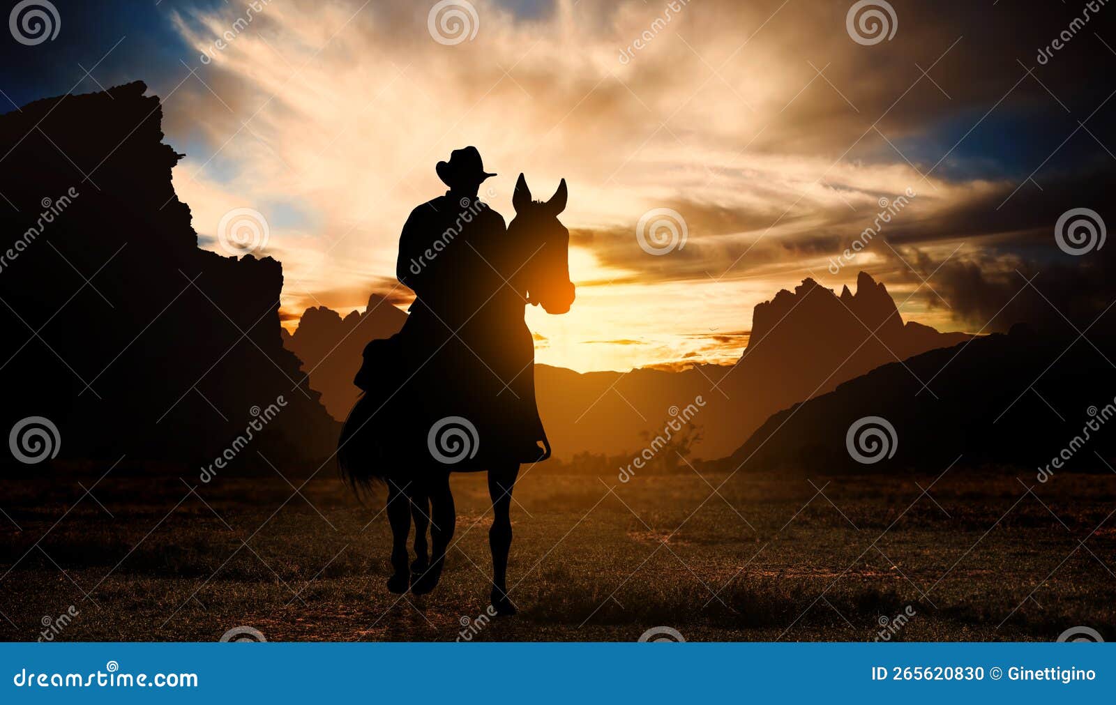 Cowboy on Horseback at Sunset Stock Photo - Image of country, landscape: 265620830