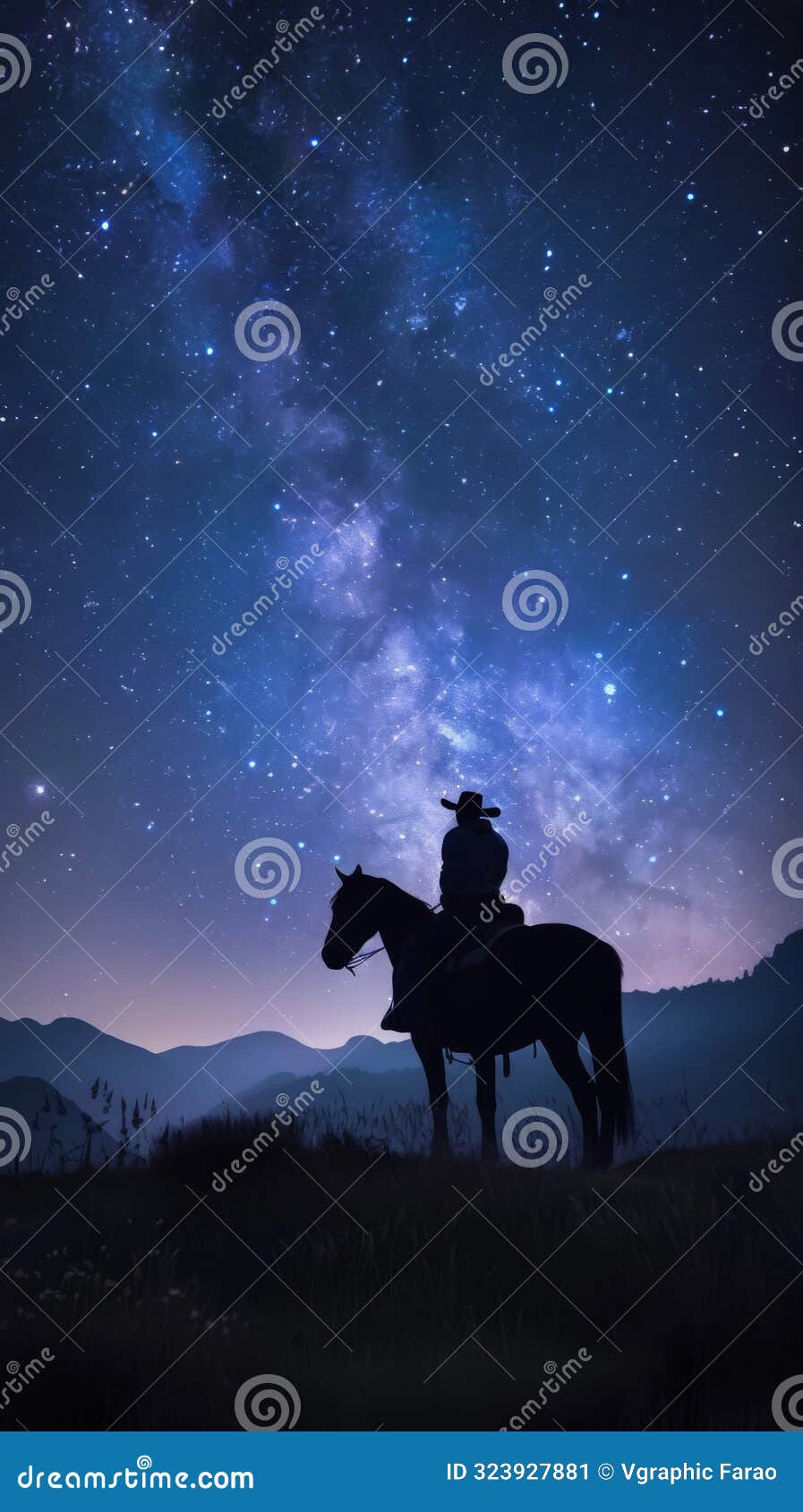 Cowboy on Horseback Under a Starry Night Sky Stock Image - Image of ...