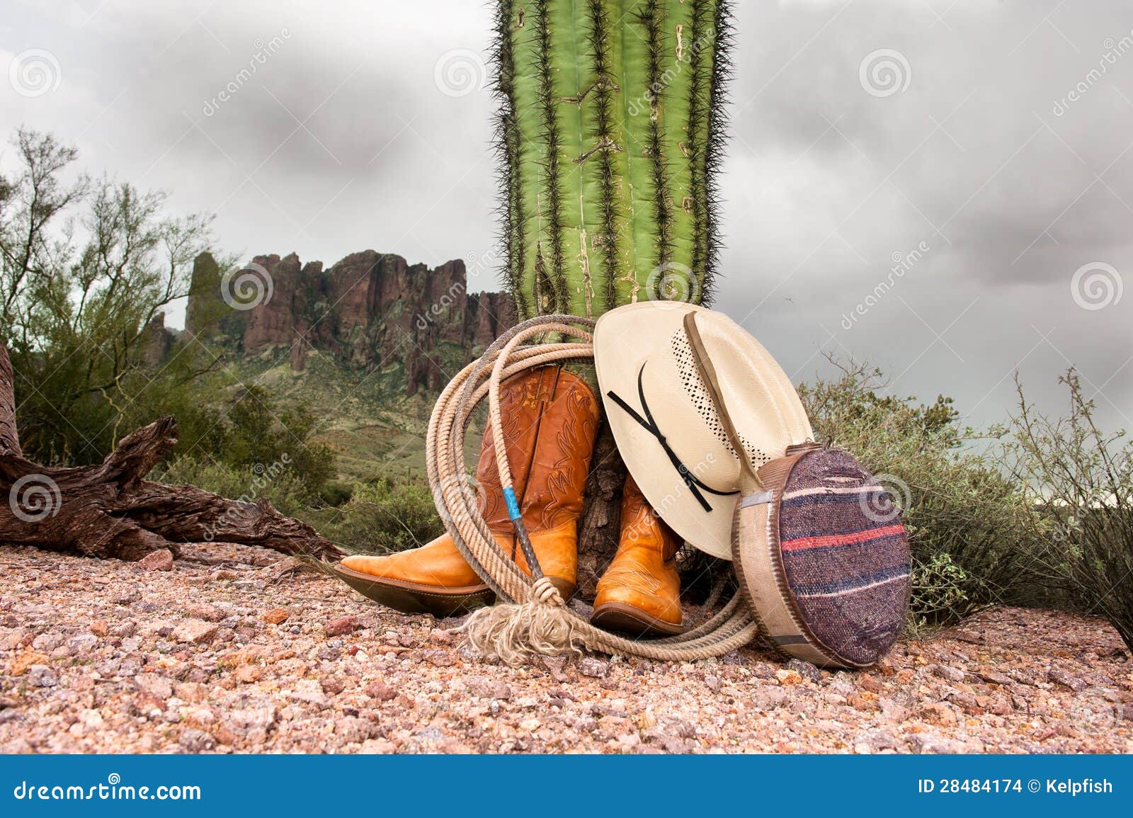 Cowboy items in desert stock photo. Image of plants, mountains - 28484174