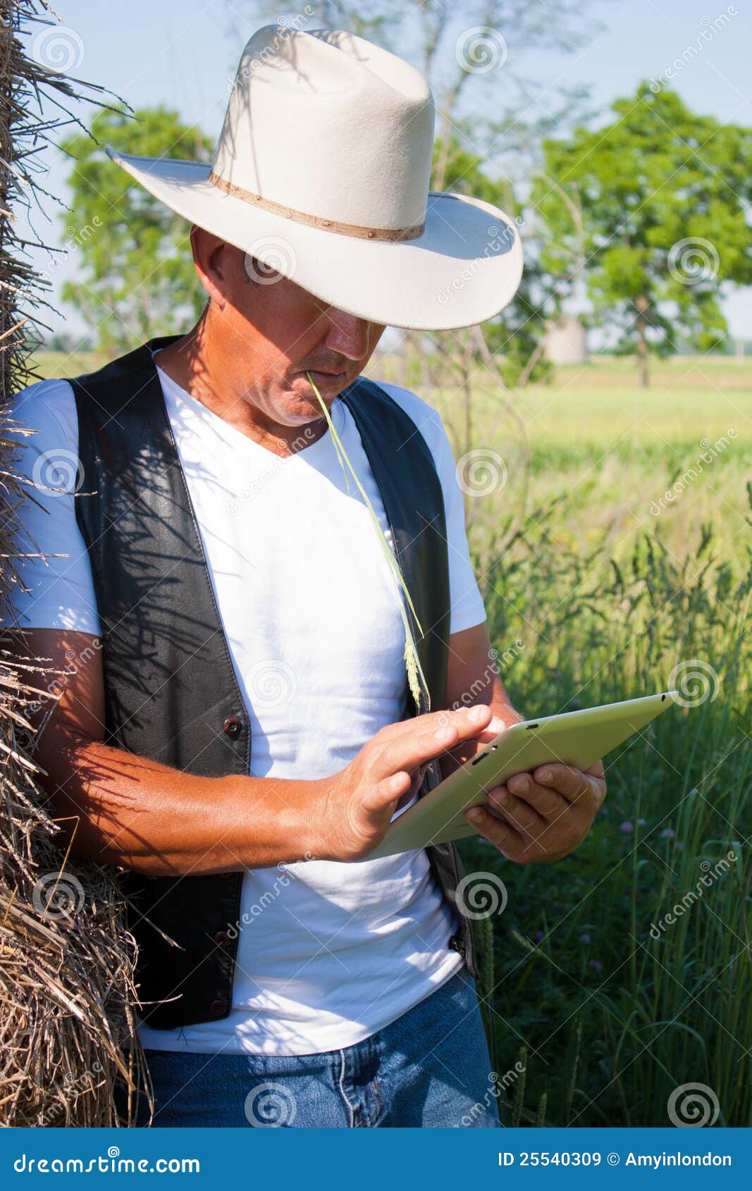 Cowboy Leans Using Touch Screen of Tablet Computer Stock Image - Image ...