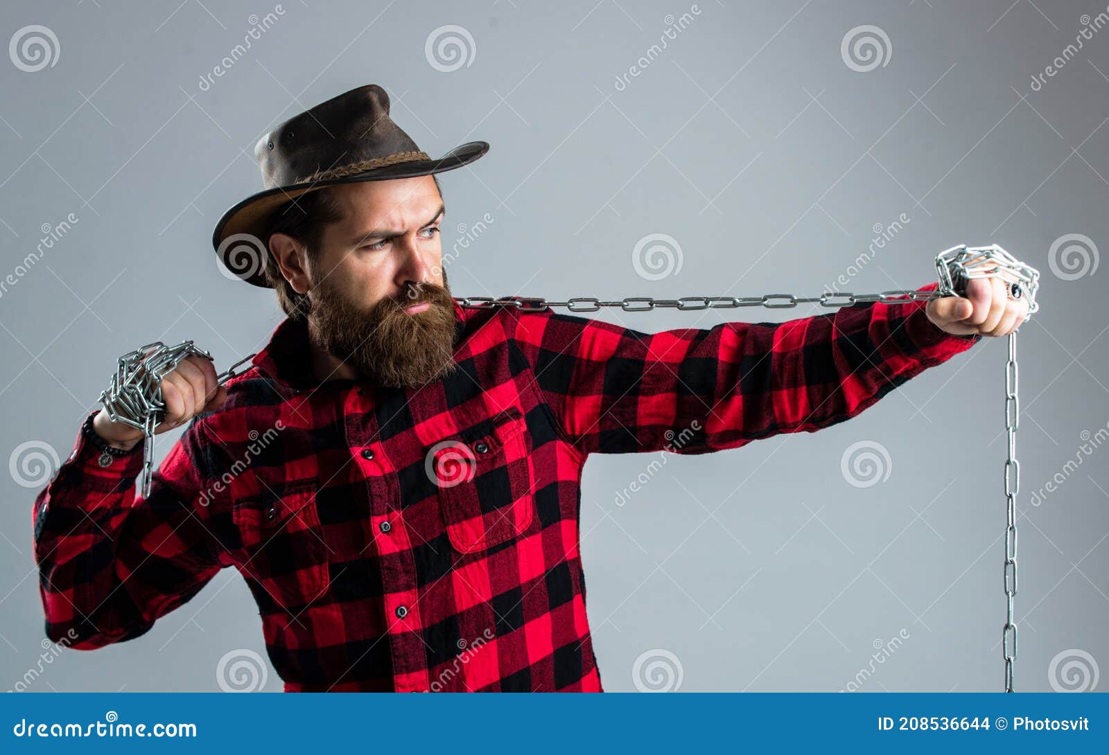 Cowboy Man with Beard and Mustache Pull Steel Chain, Routine at Ranch ...