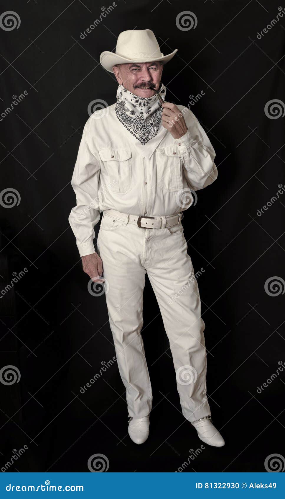 The Cowboy with Mustache in a White Hat, Smoking a Pipe Stock Photo ...