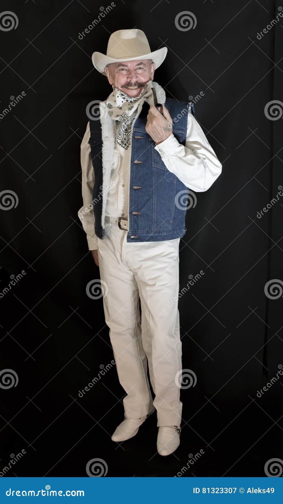 The Cowboy with Mustache in a White Hat, Smoking a Pipe Stock Image ...