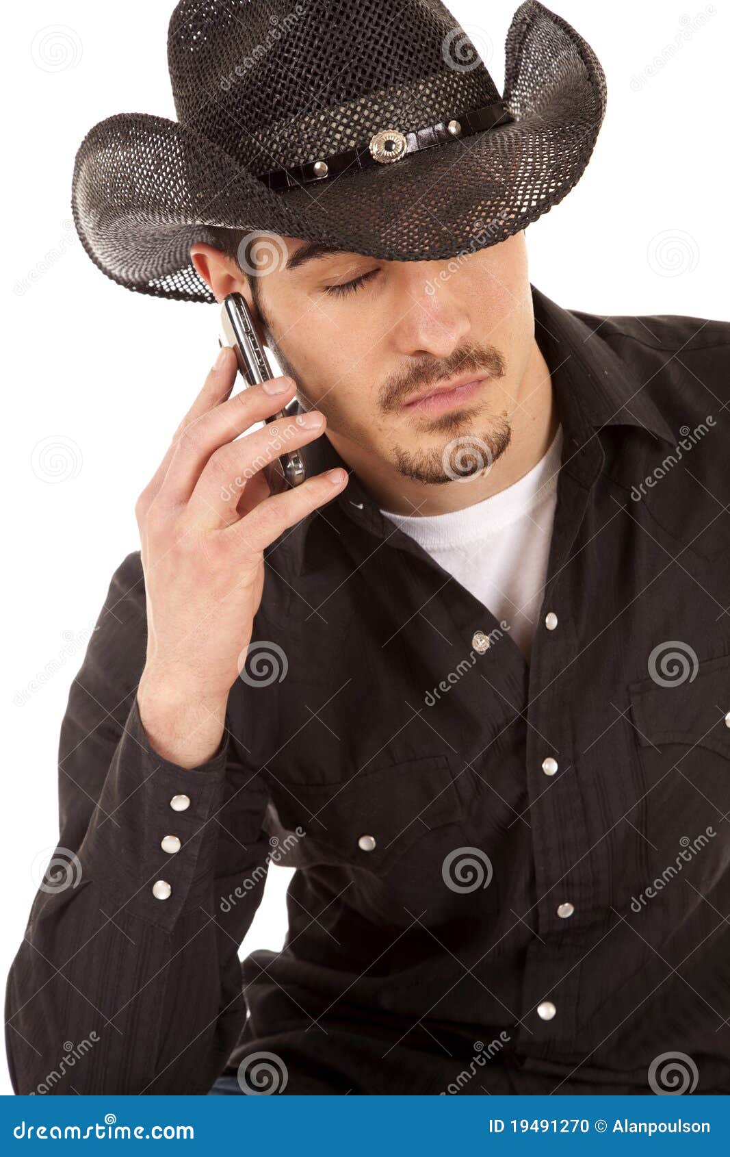 Cowboy on Phone Eyes Closed Stock Photo - Image of america, masculine ...