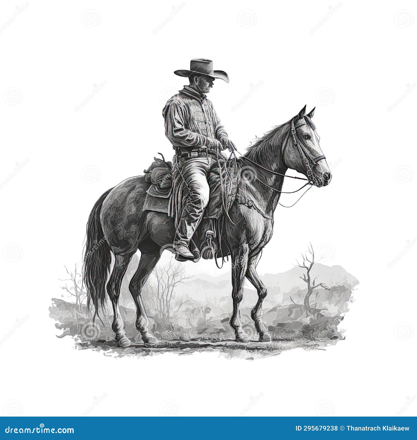 Cowboy Riding Horse. Ink Black and White Drawing Stock Illustration ...