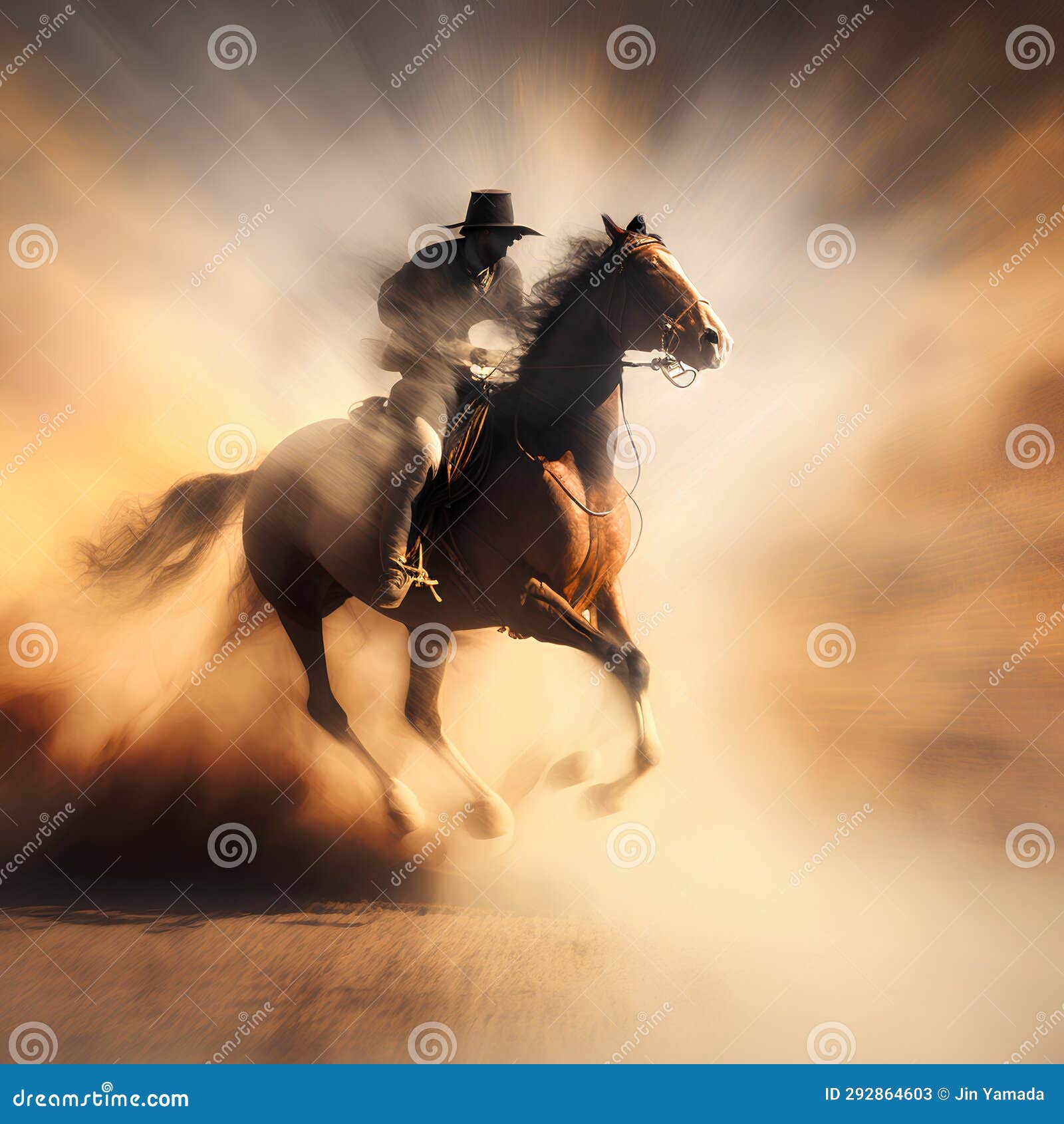 Cowboy Riding a Horse in the Rays of the Setting Sun. Stock ...