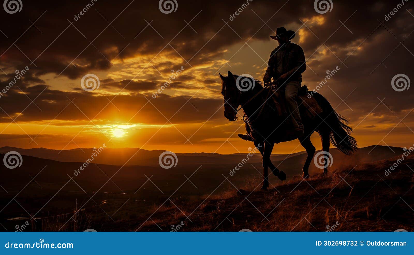 Cowboy Riding at Sunset in Mountains Stock Illustration - Illustration ...