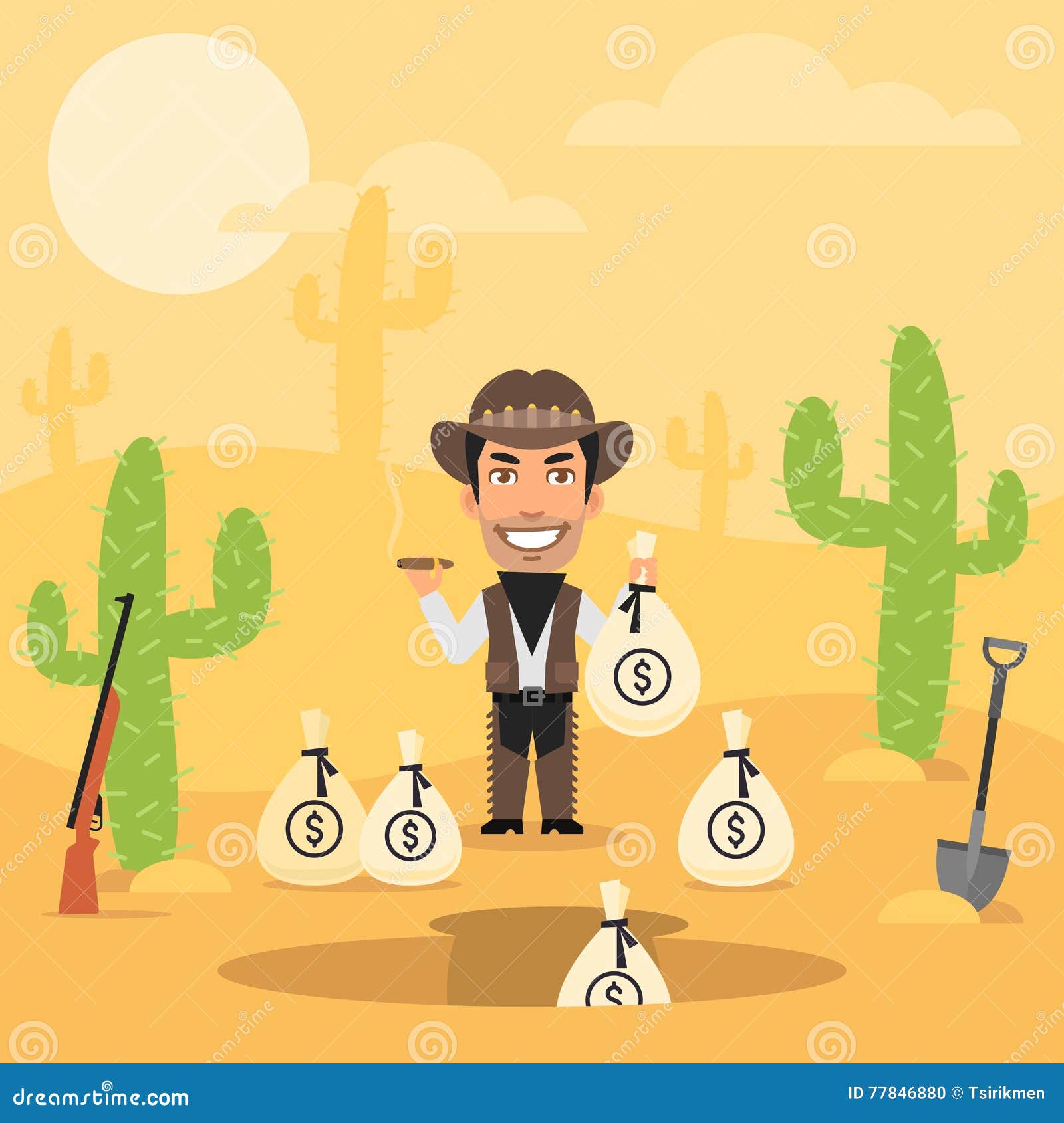 Cowboy Robber Hides Money In Desert Vector Illustration | CartoonDealer ...
