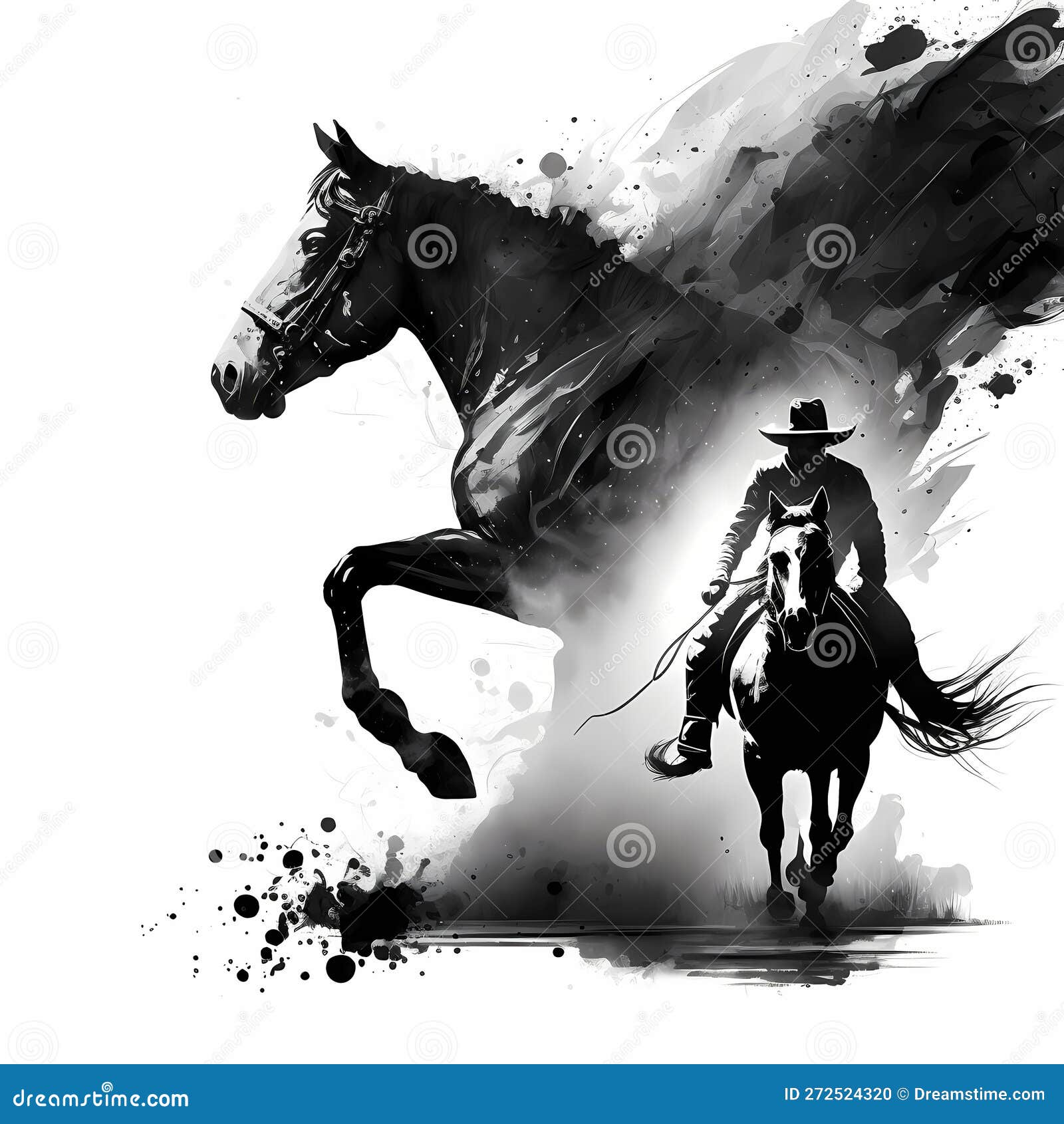 Cowboy with Running Horse Black and White. Generative AI Stock ...