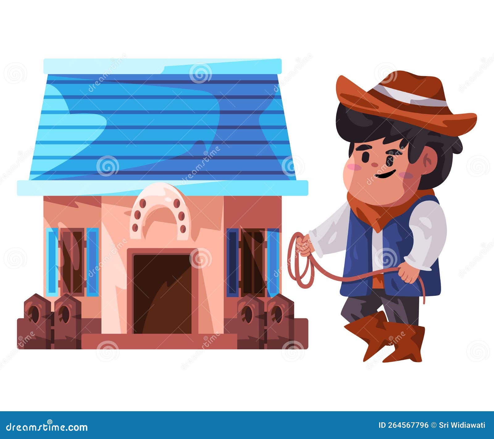 Cowboy Sheriff Kids Pose in Front of Home House Drawing Illustration ...