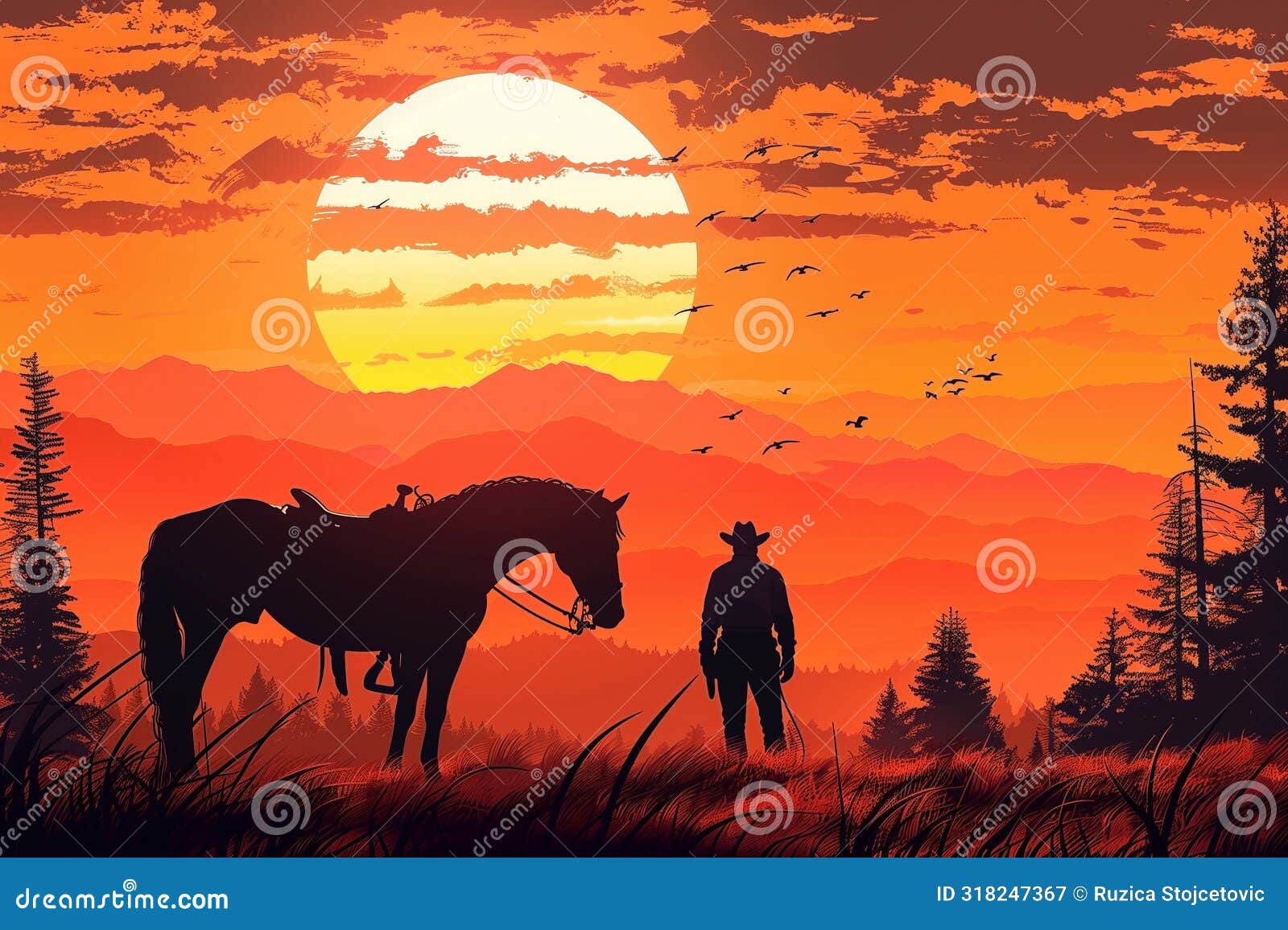 A Cowboy Silhouette and Horse in the Sunset Ai Illustration Stock ...