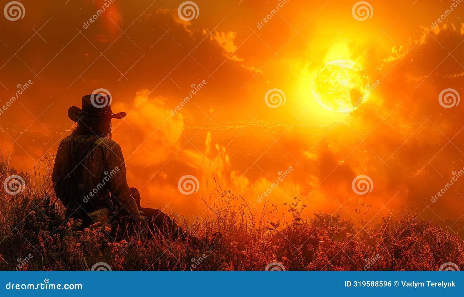Cowboy Sits in Field Watching the Sun Set. Stock Photo - Image of ...