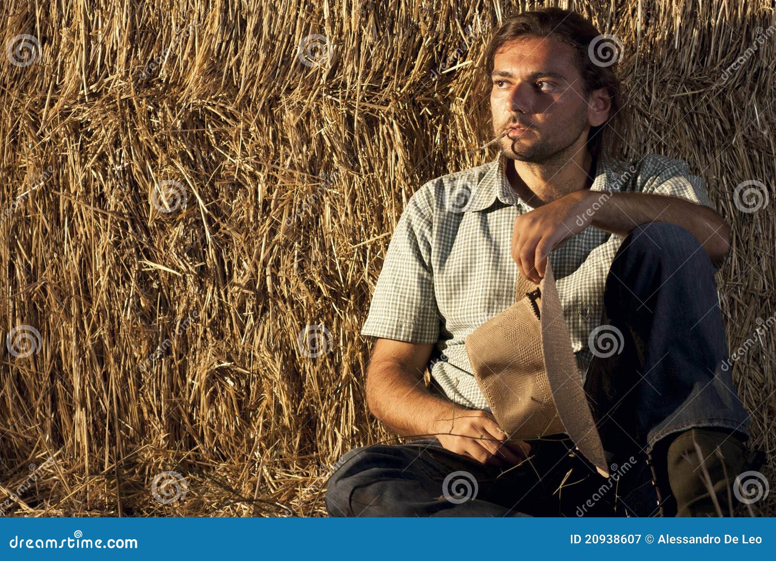 Cowboy Sitting on the Ground Stock Image - Image of shirt, bale: 20938607