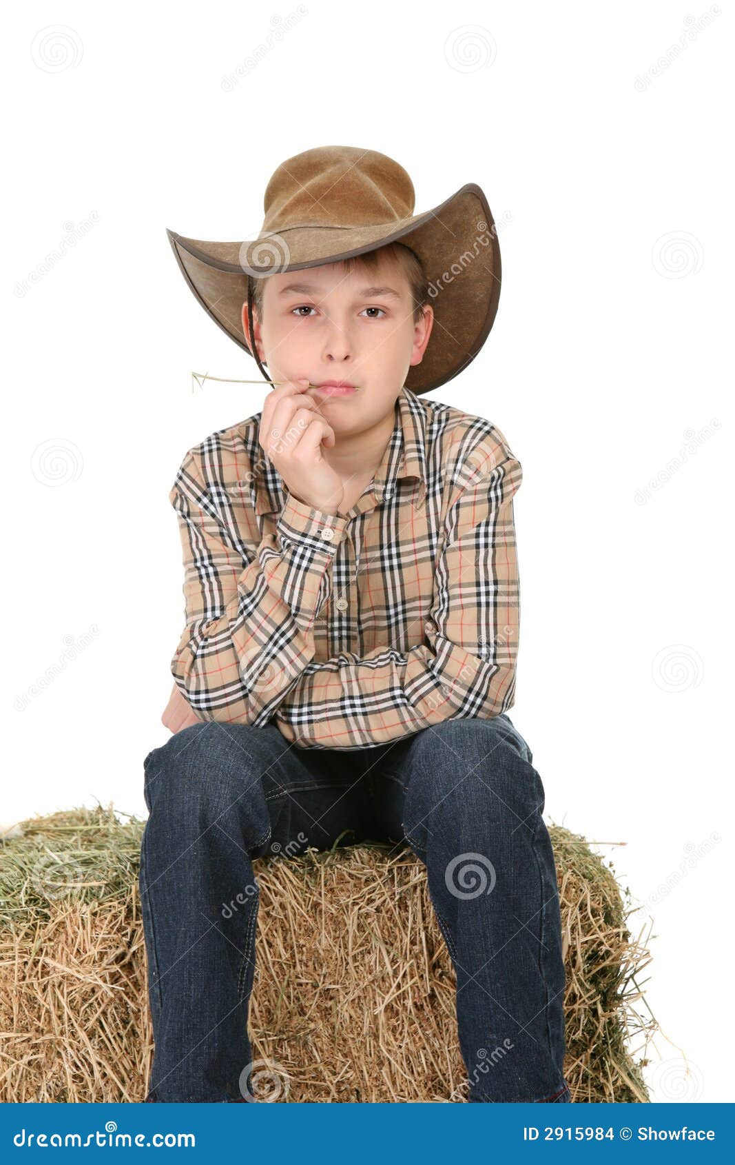 Cowboy sitting on hay bale stock photo. Image of ponder - 2915984