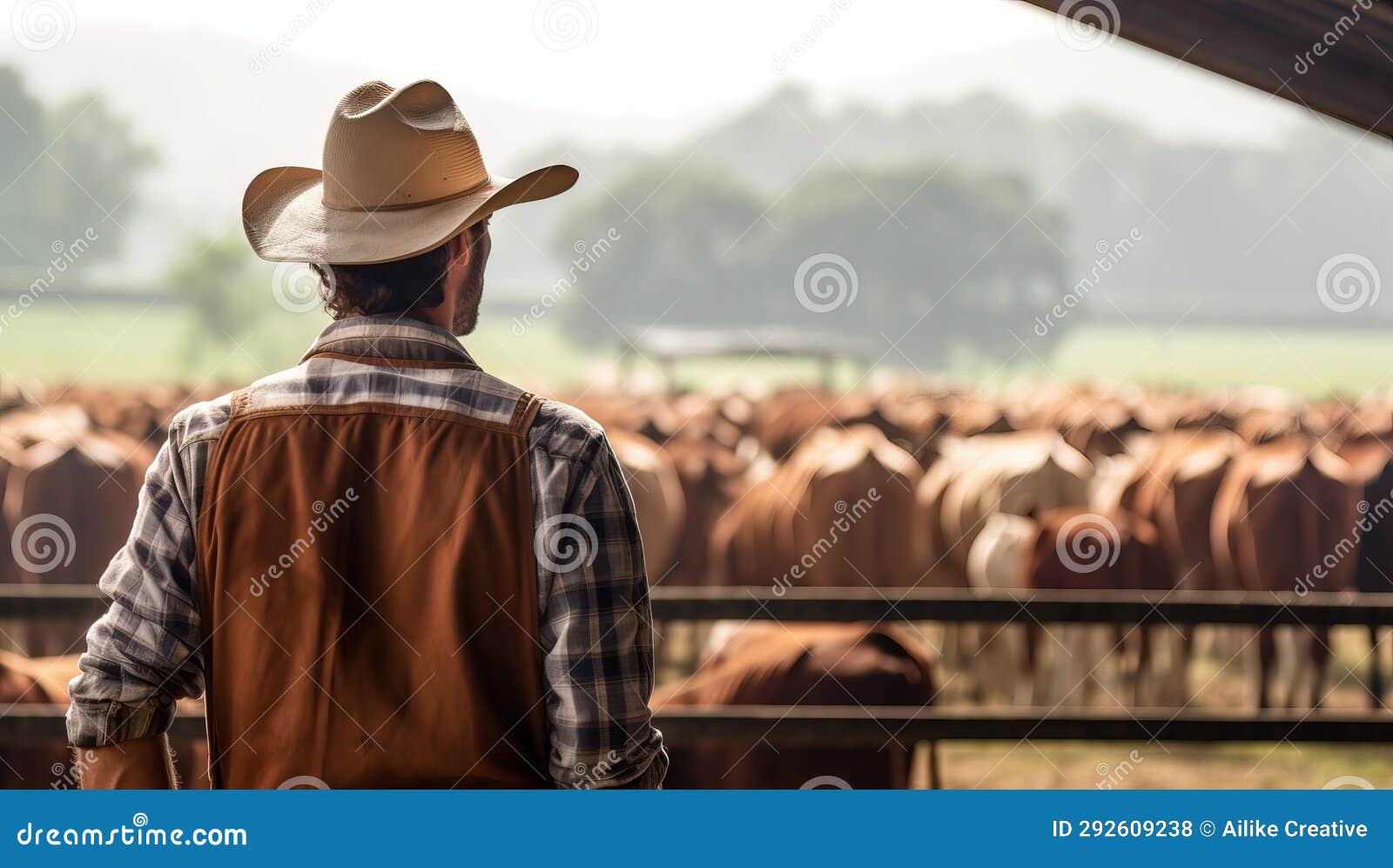 Cowboy Standing in Cowshed, Looking at Herd of Cows Stock Illustration ...