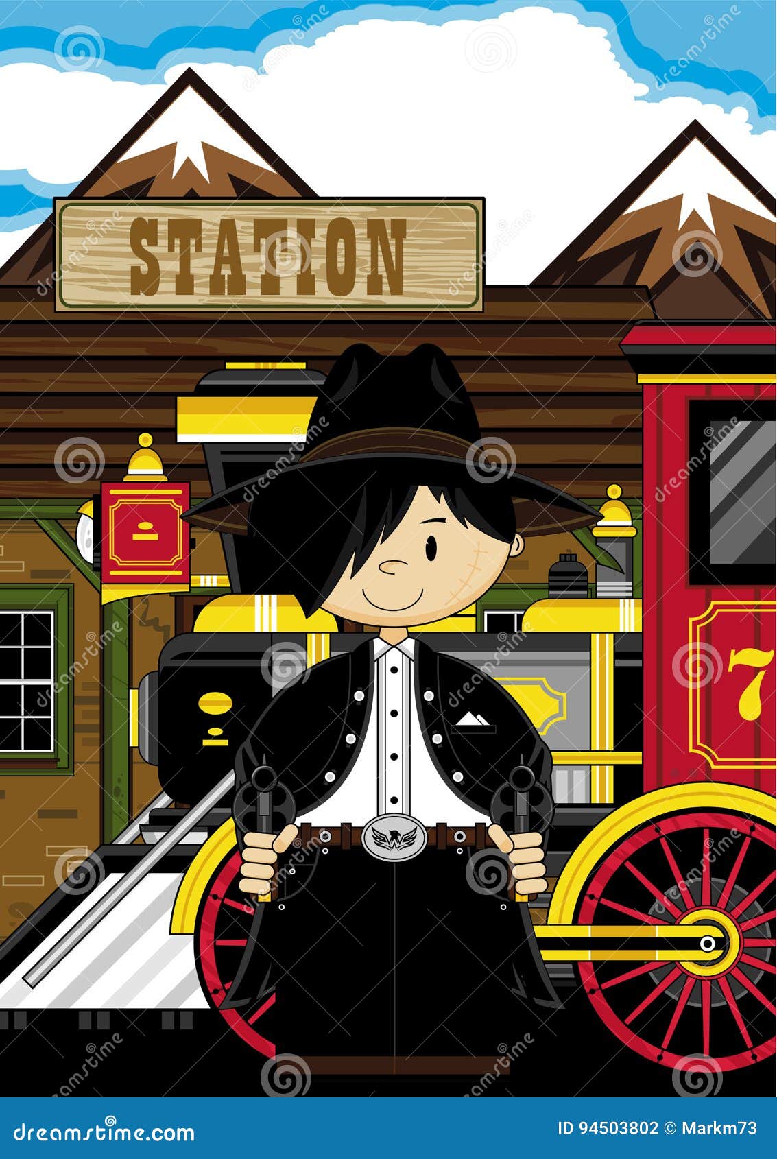 Cowboy and Steam Train stock vector. Illustration of revolver - 94503802