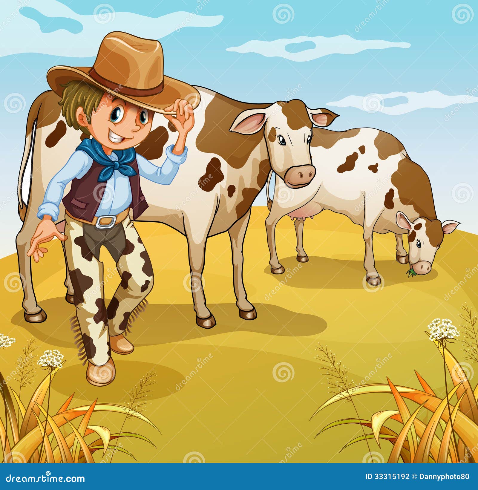 A Cowboy with Two Cows Eating Stock Illustration - Illustration of ...