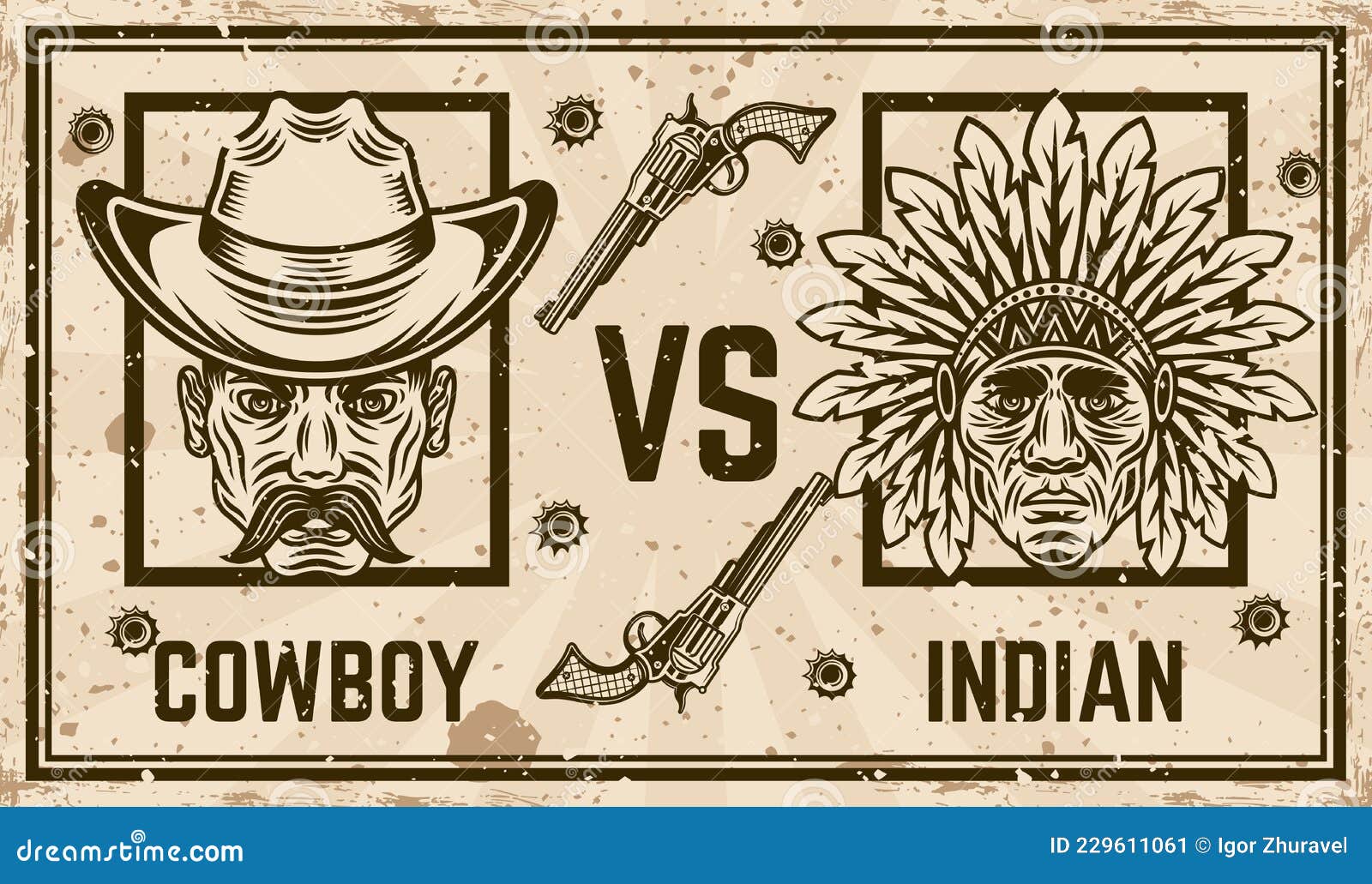 Cowboy Versus Native Indian Chief Vector Confrontation Horizontal ...