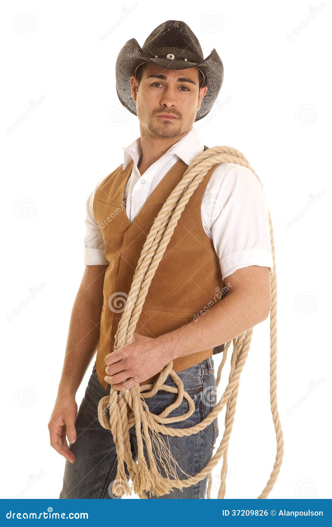 Cowboy in Vest with Rope on Shoulder Stock Photo - Image of handsome ...