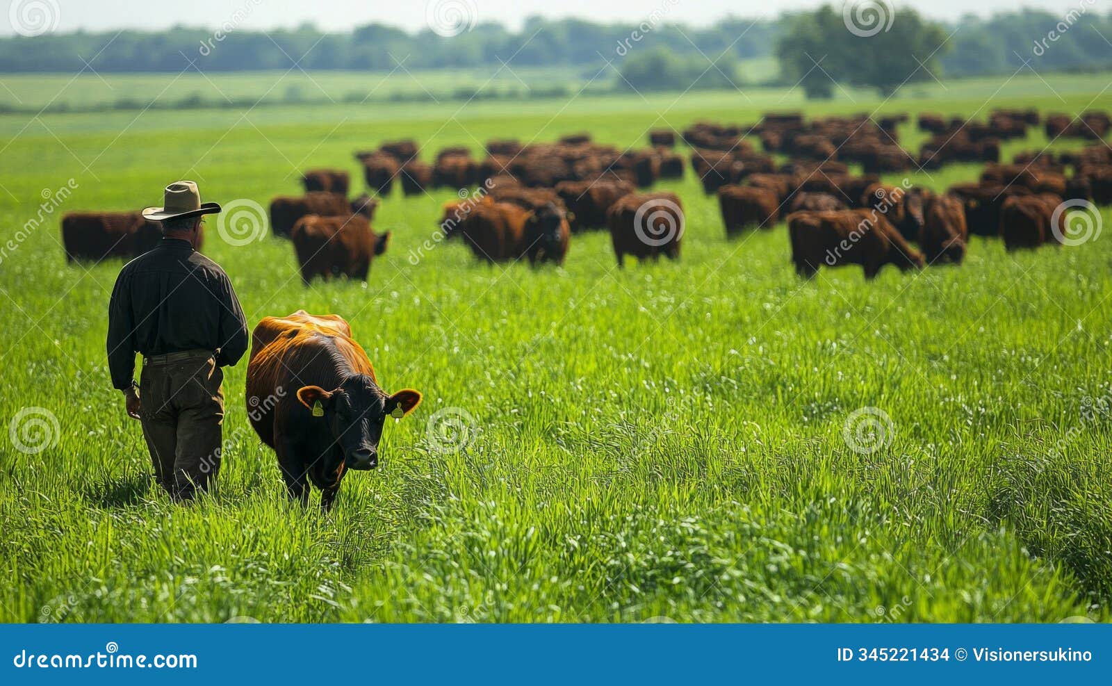 Cowboy Walking through Pasture with Cattle Herd in Background Stock ...