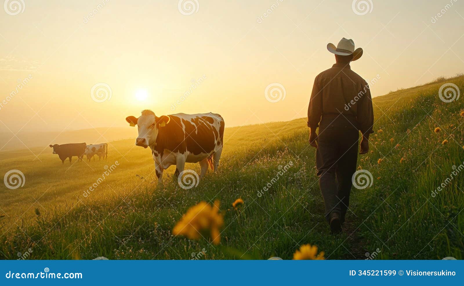 A Cowboy Walks through a Field at Sunset with Cows Stock Image - Image ...