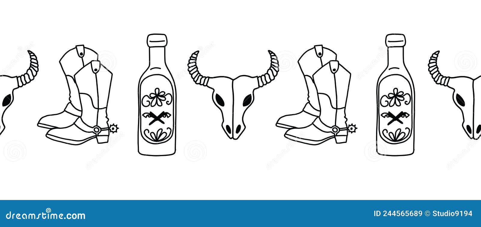 Cowboy Wild West Seamless Vector Border. Cowboy Boots, Bull Skull, Beer ...