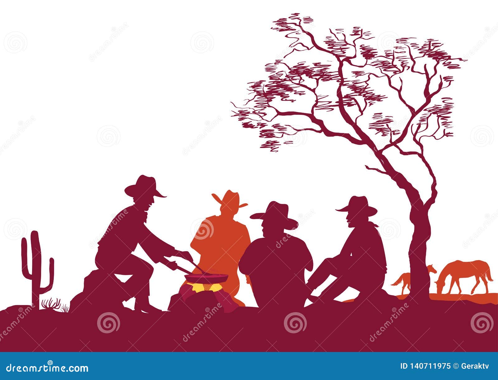 Cowboys Around a Campfire. Vector Silhouettes on White for Design Stock ...