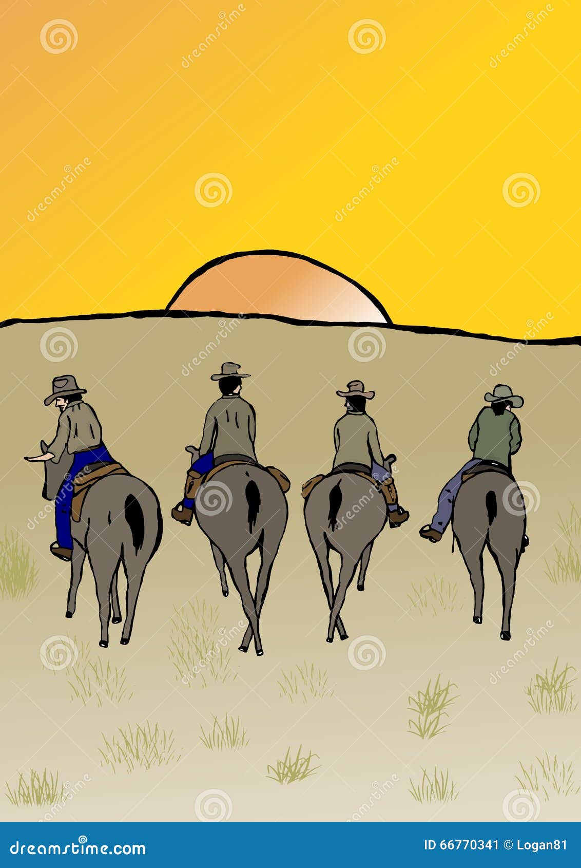 Cowboys at sunset stock illustration. Illustration of desert - 66770341