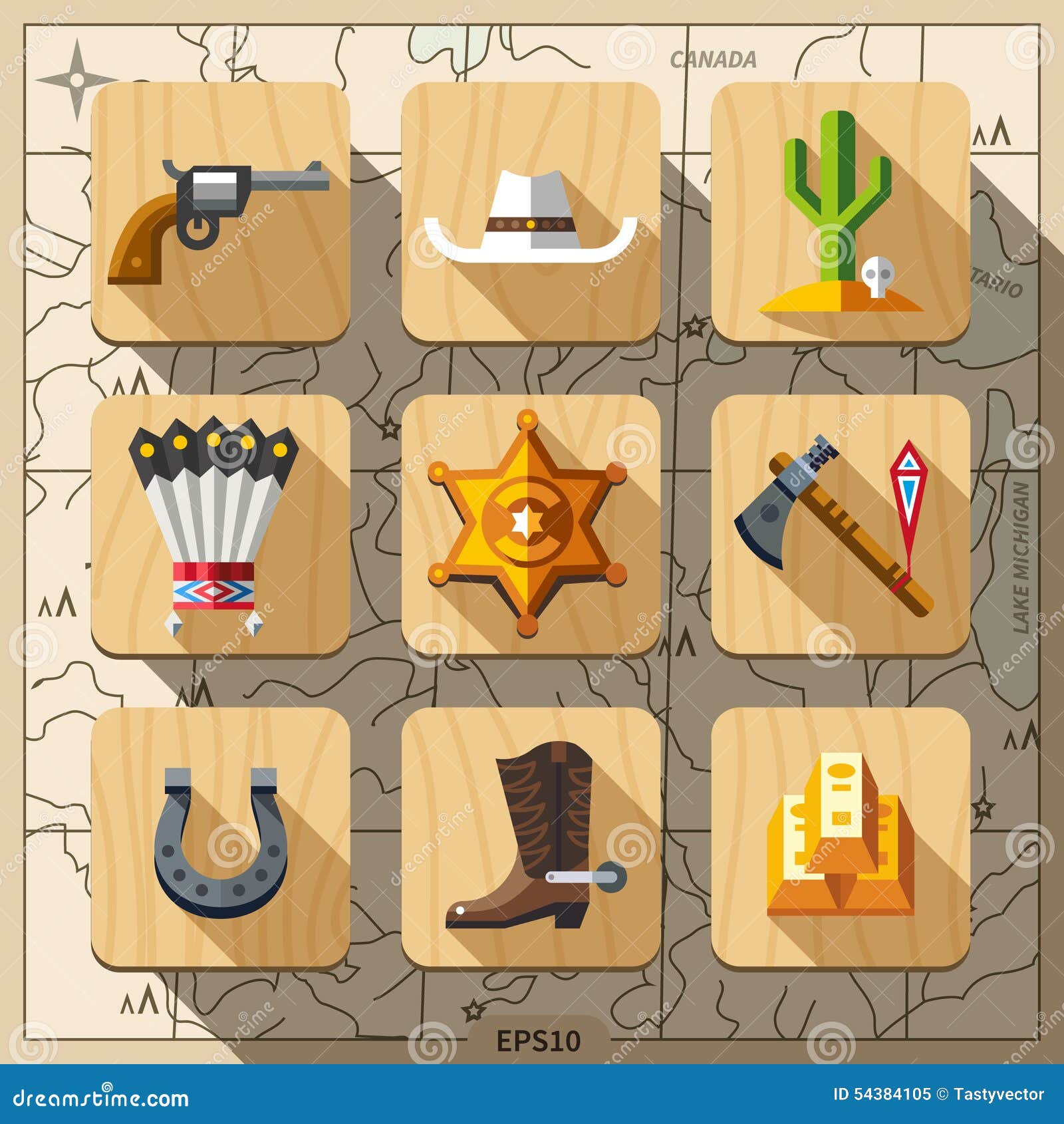 Cowboys and Wild West, Flat Icon Set Stock Vector - Illustration of ...