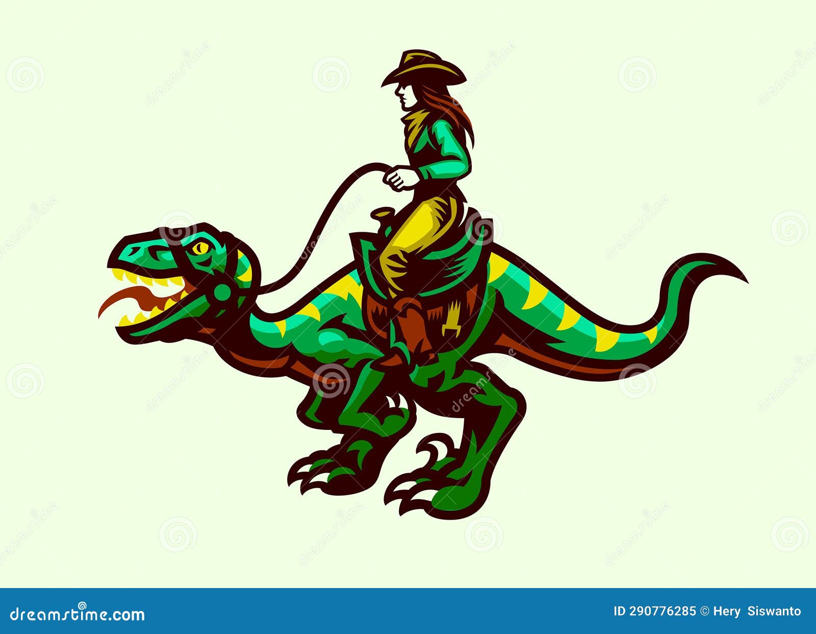 Cowgirl Cabalgando Raptor En Estilo Retro Vintage Ilustración del ...