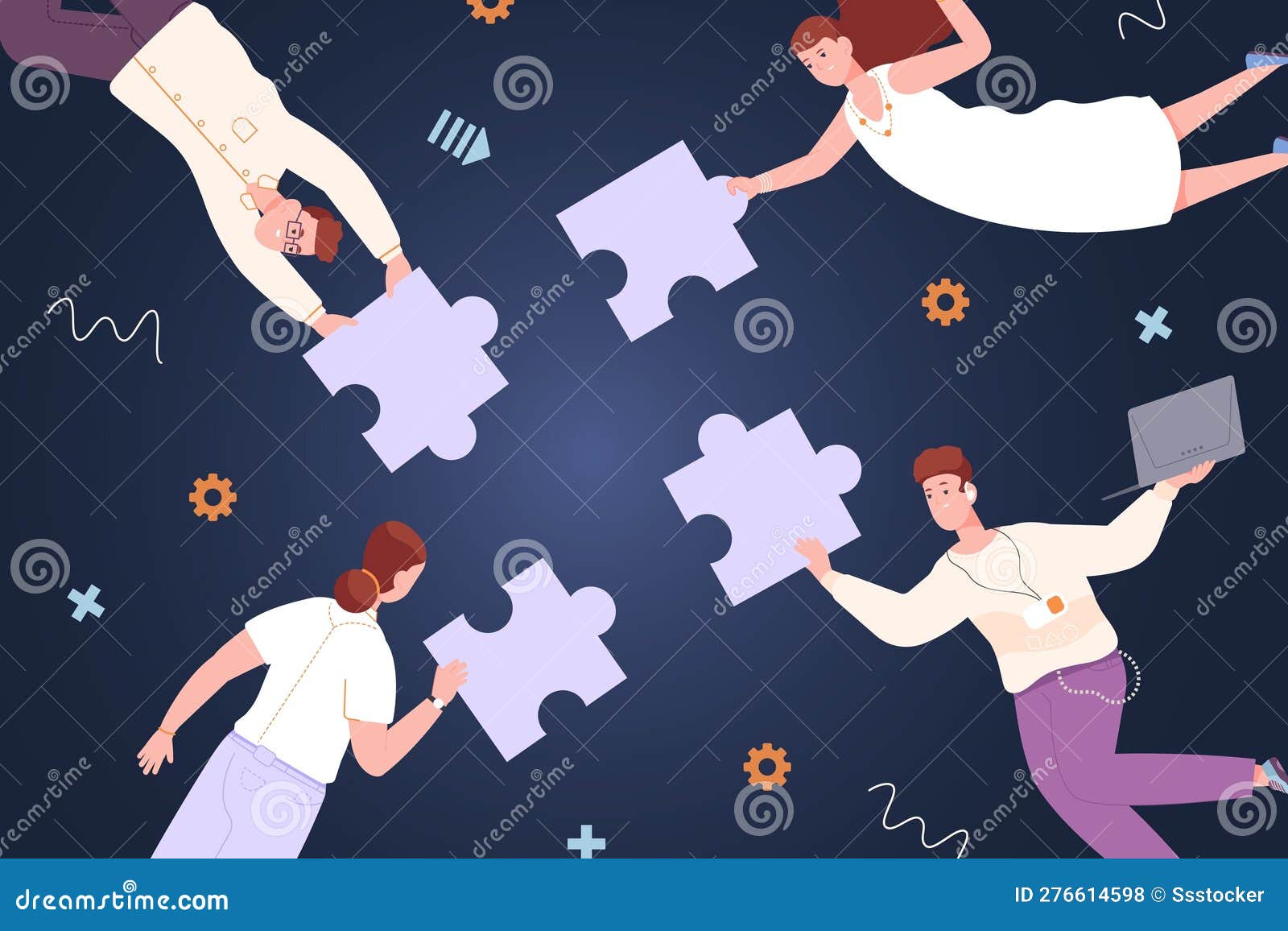 Coworkers Assembling Puzzle. Colleague Group Build Jigsaw, Employee ...