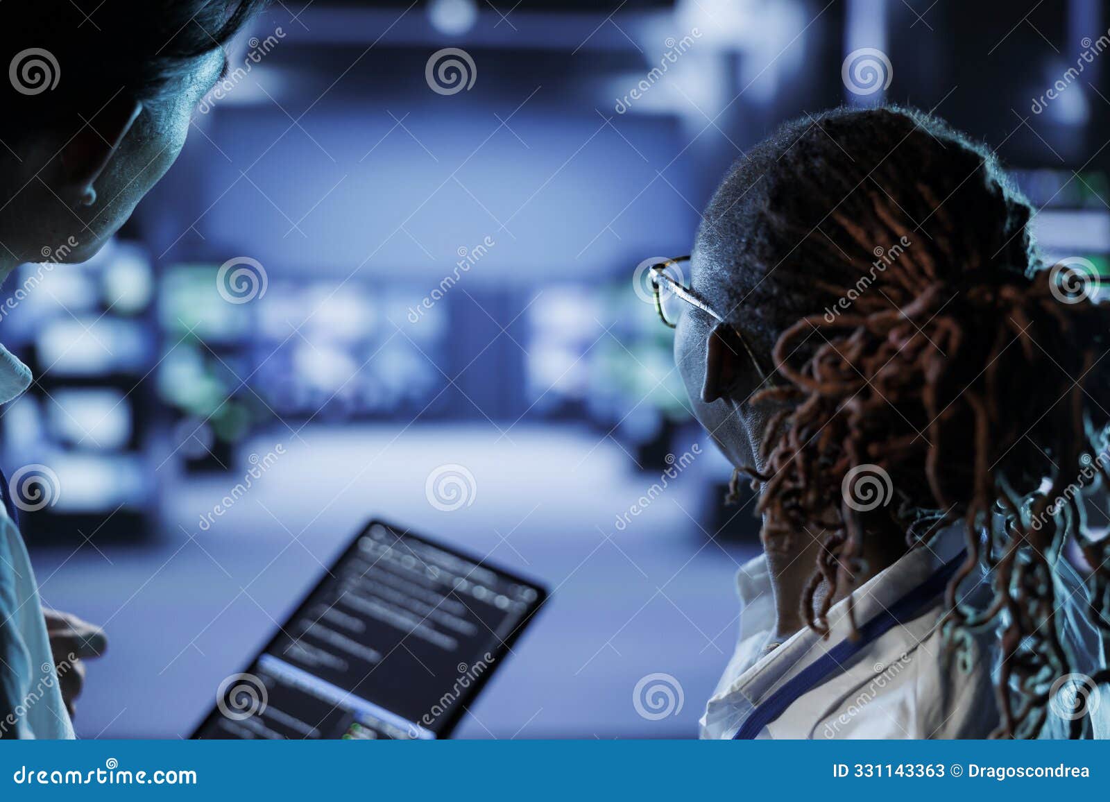 Coworkers Code on Tablet in Data Center Stock Image - Image of network ...