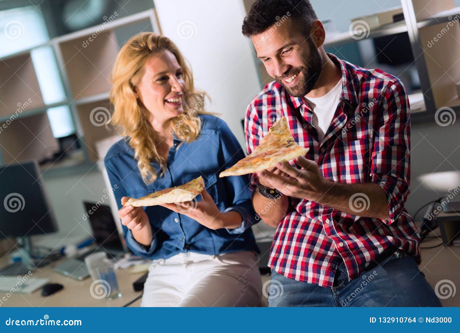 Coworkers Eating Pizza during Break at Office Stock Photo - Image of ...