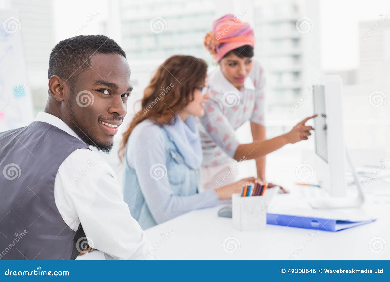 Coworkers Speaking and Using Computer Stock Photo - Image of brainstorm ...
