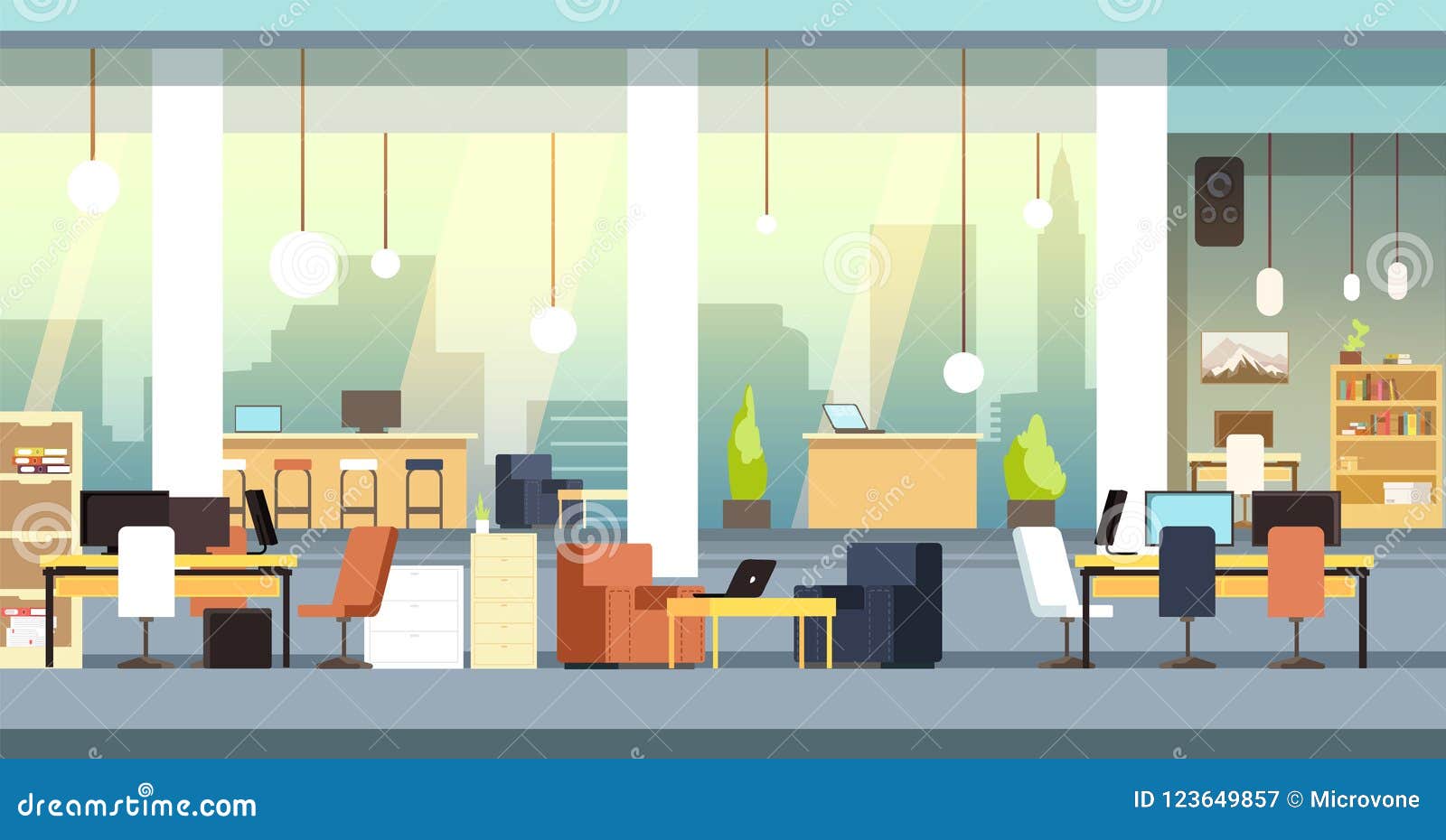 Office Workspace Background - Coffee, Tablet, Notebooks Vector ...