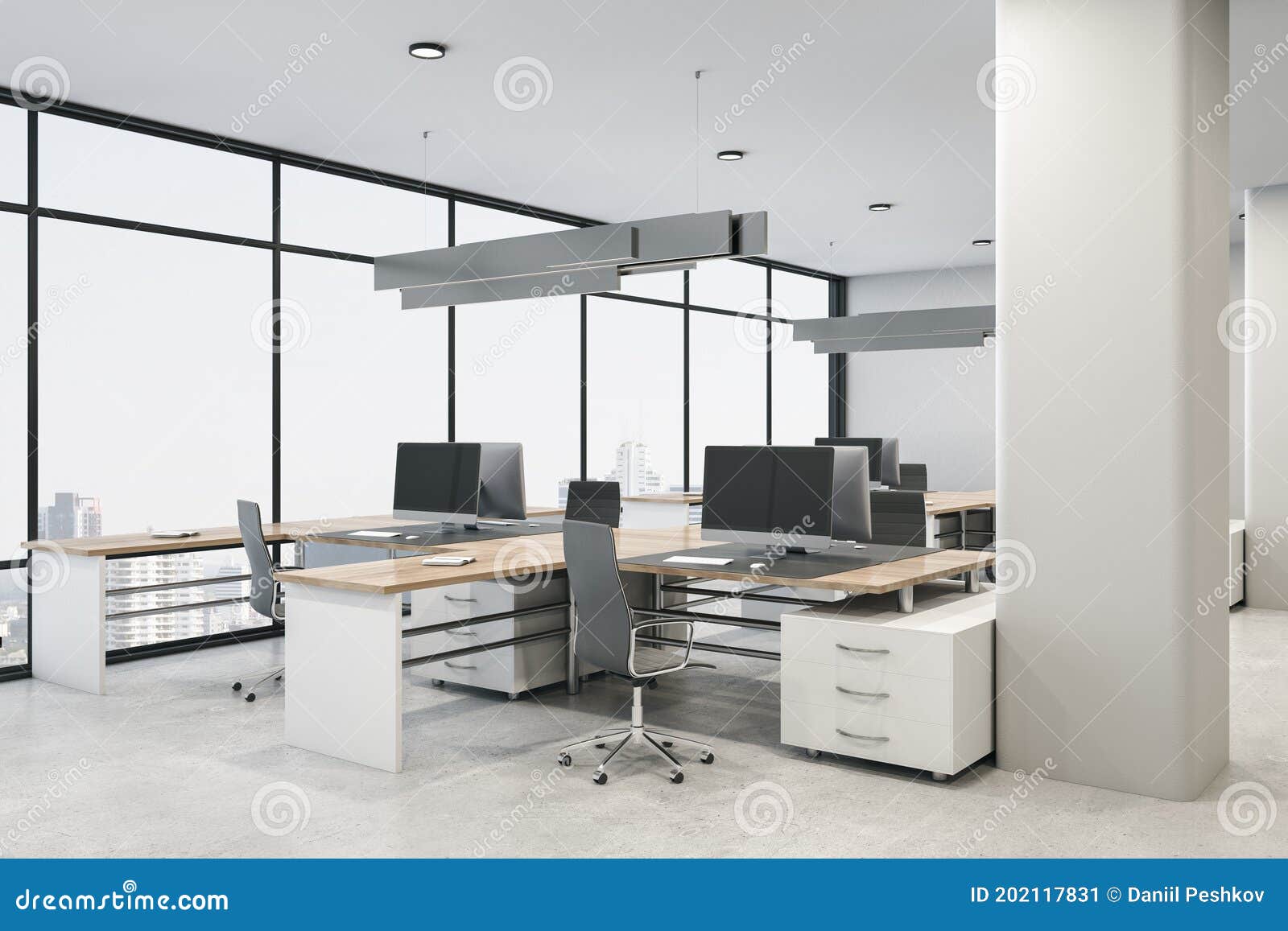 Coworking Office Interior with Concrete Columns Stock Illustration ...