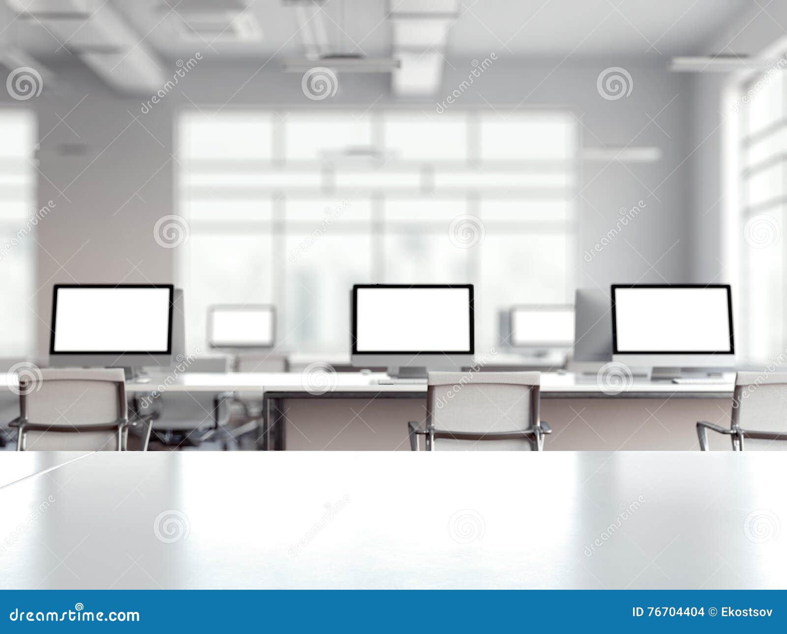 Coworking Office Interior with Multiple Computer Screens. 3d Rendering ...