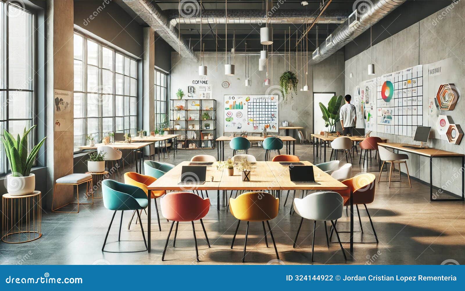 Coworking Space with Shared Tables, Colorful Chairs, and Project ...