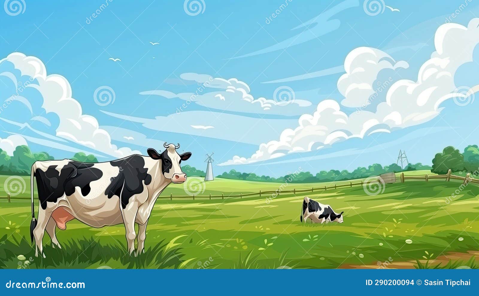 Cows on the Background of Sky and Green Grass Stock Illustration ...