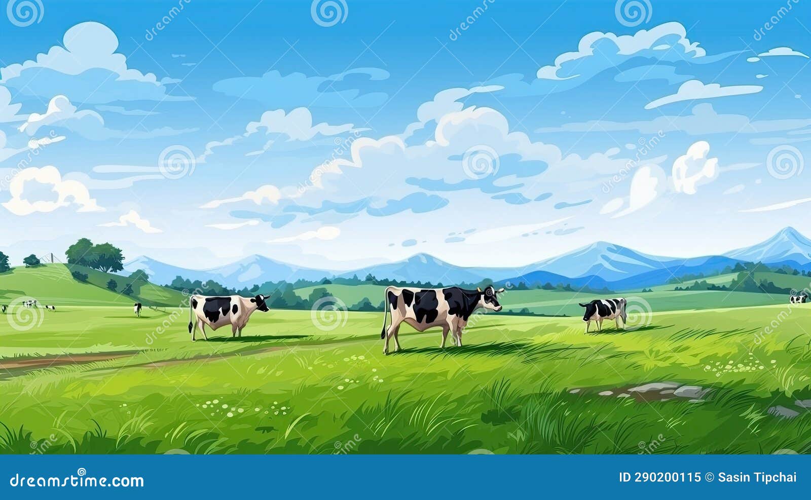 Cows on the Background of Sky and Green Grass Stock Illustration ...