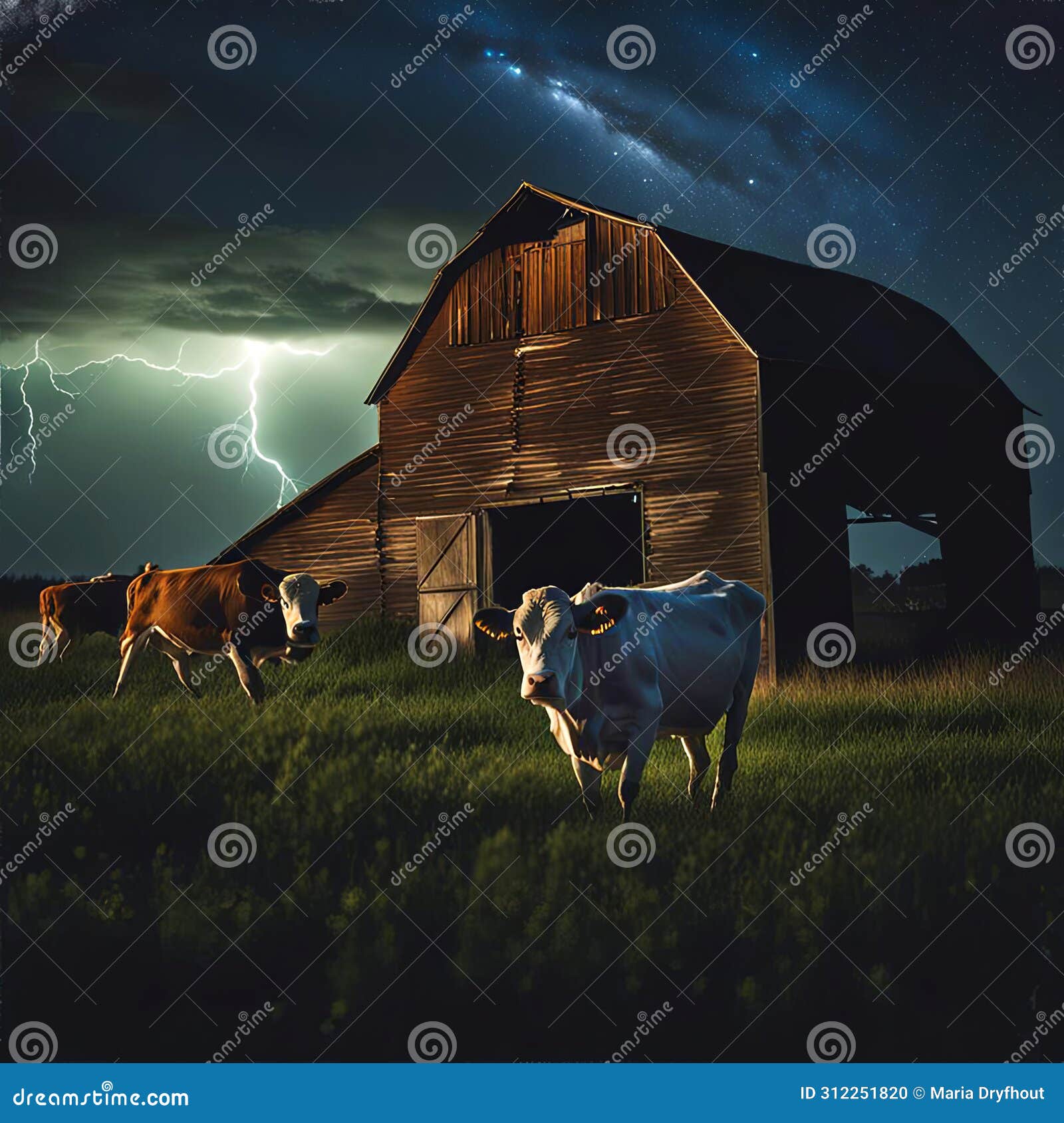 Cows and Barn in a Thunderstorm Stock Illustration - Illustration of ...