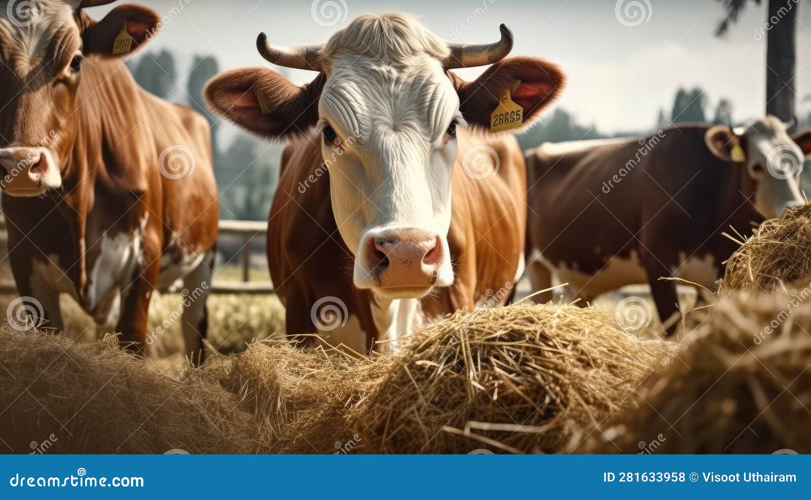 Cows Eating Hay In A Dairy Farm Cowshed, Cattle Feeding On Fodder In ...