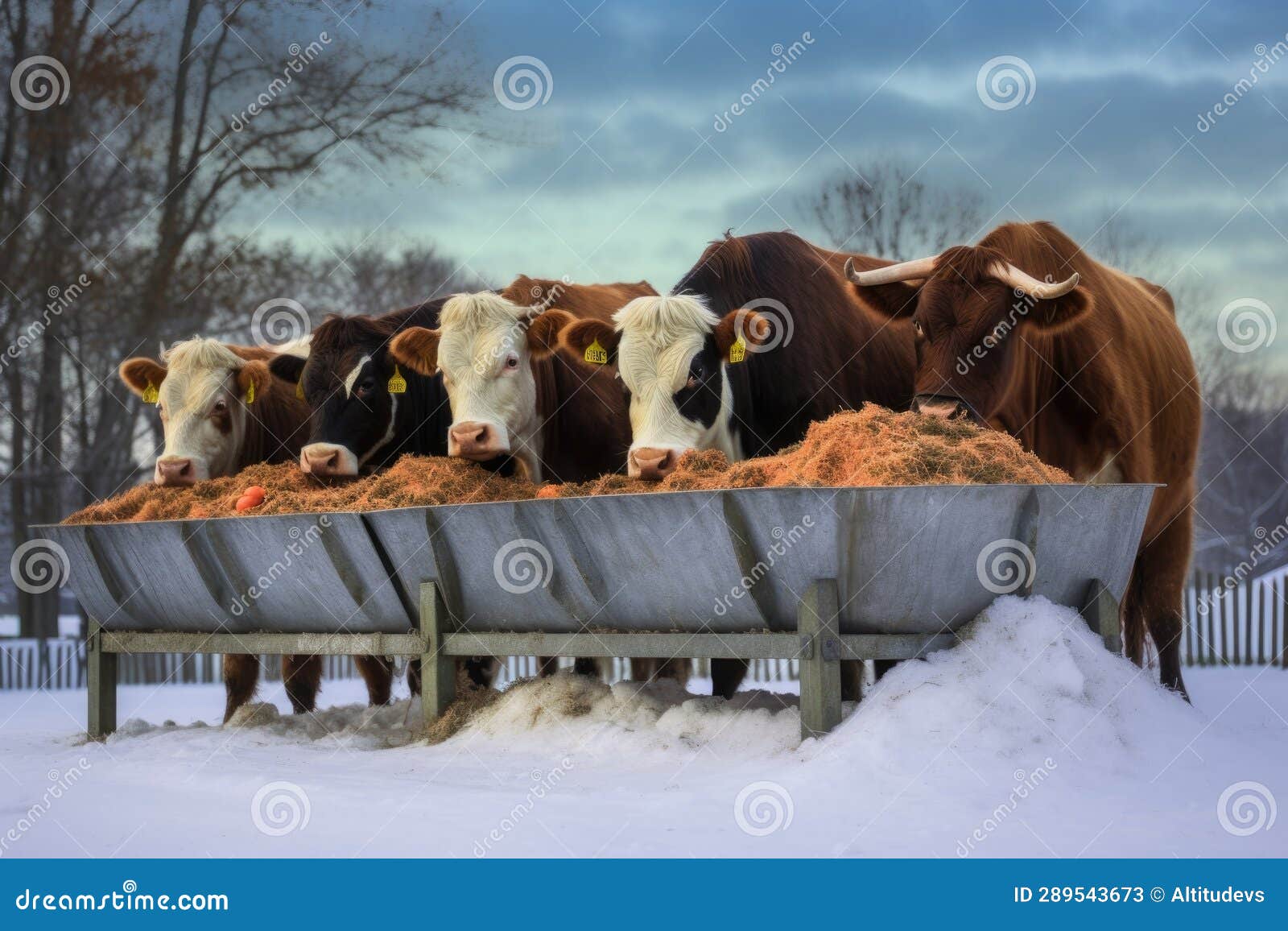 Cows Eating Hay from a Snow-covered Trough Stock Image - Image of scene ...