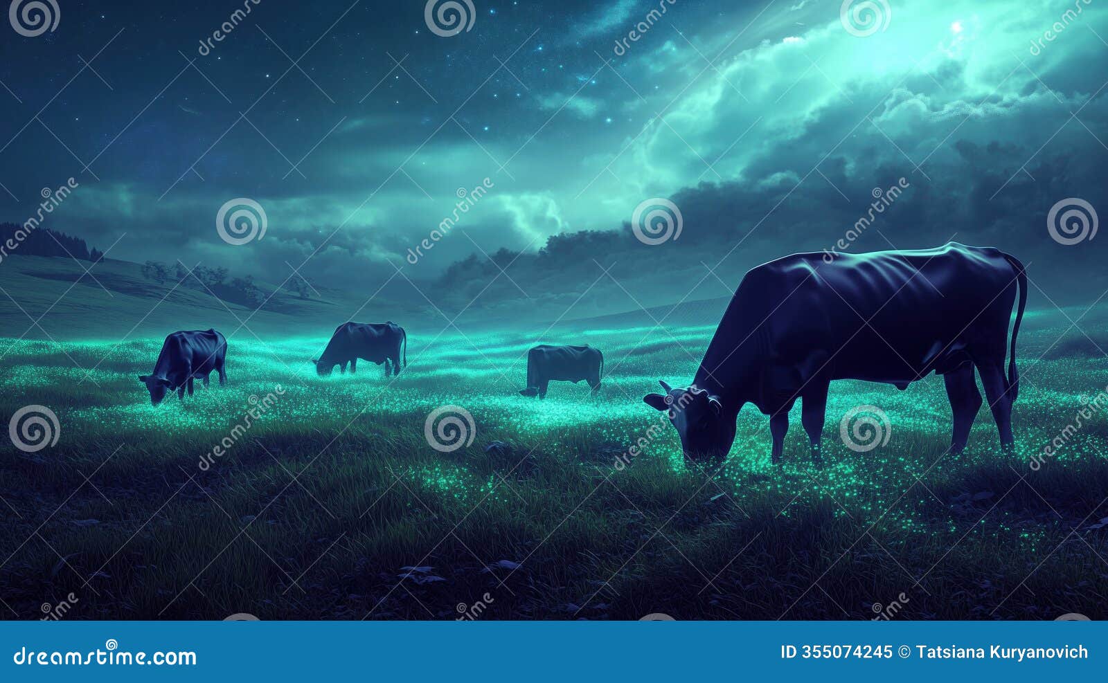 Cows Grazing in Glowing Field Under Starry Night Sky Stock Image ...