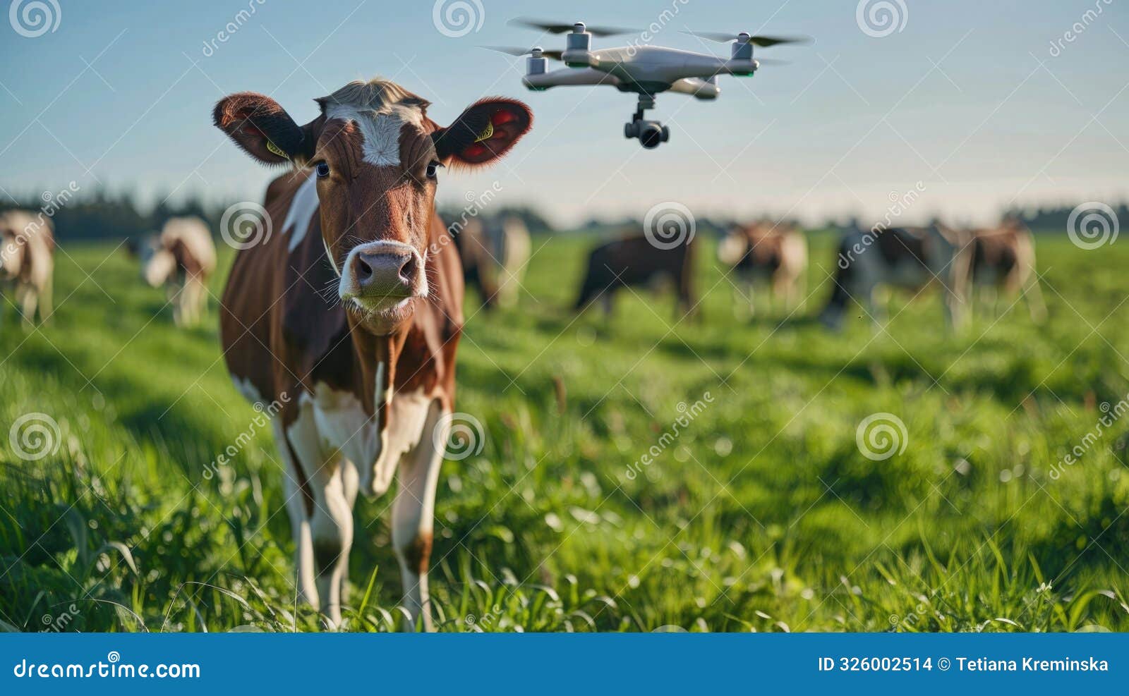 Cows Grazing in Lush Field with AI Drones and Advanced Dairy Management ...