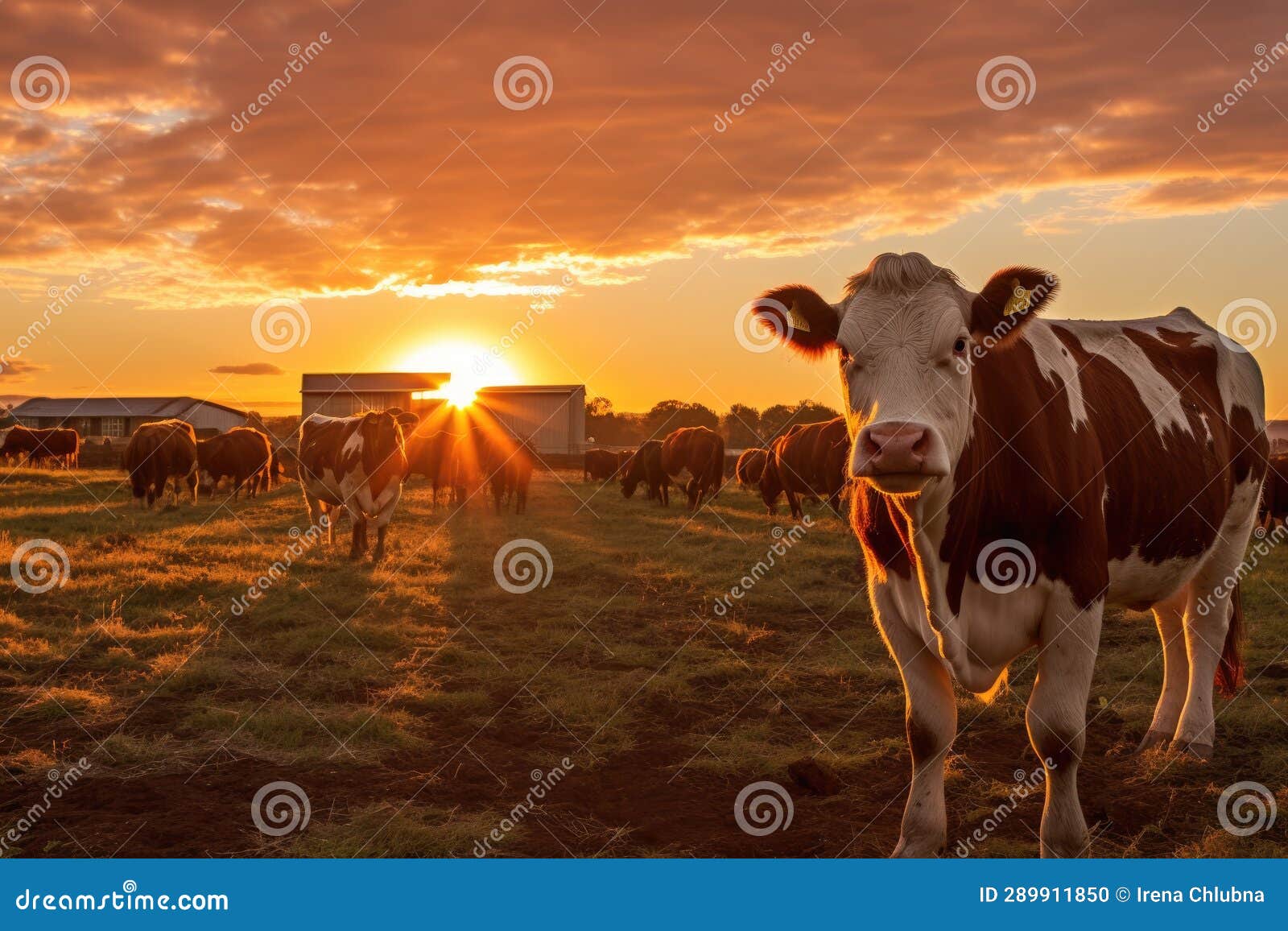 Cows Grazing at Sunset on a Farm Stock Illustration - Illustration of ...
