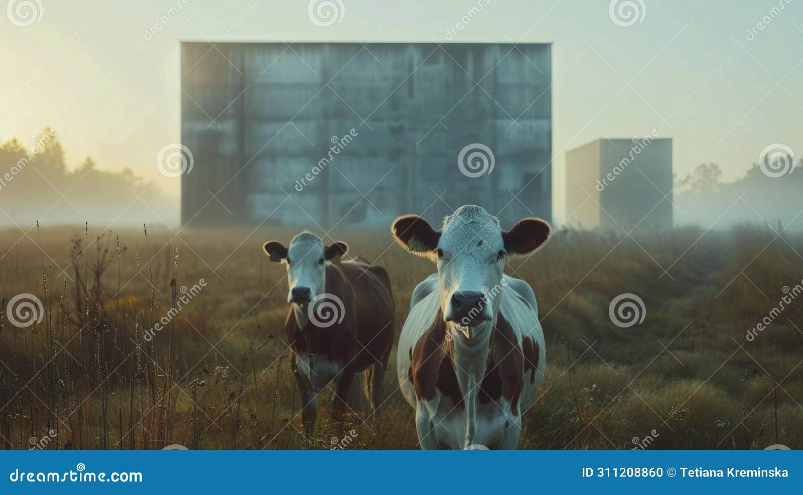 Cows Look at a Large Gray Cube in a Field. Data Center Futuristic Cube ...