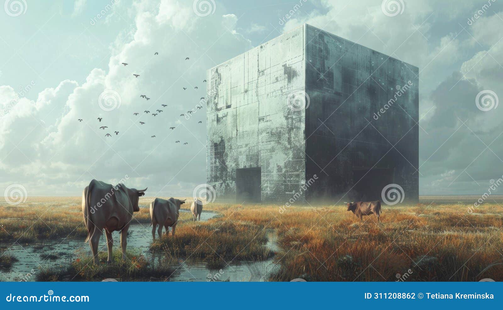 Cows Look at a Large Gray Cube in a Field. Data Center Futuristic Cube ...